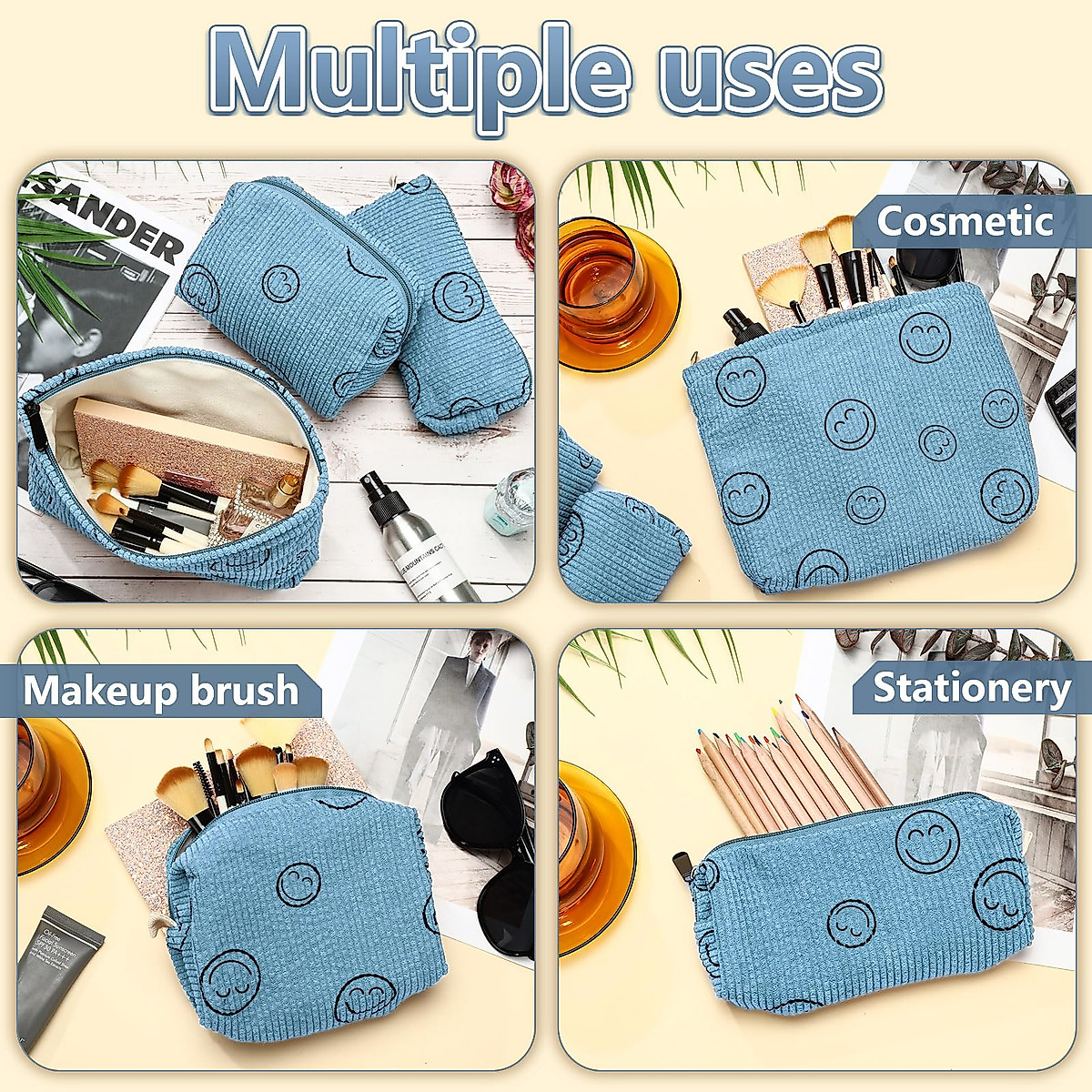 3 Pcs Smile Face Makeup Bag Corduroy Cosmetic Bag 3 Sizes Aesthetic Preppy Makeup Bags for Women Teen Girls Corduroy Toiletry Pouch Travel Smile Dots Bags Washable Skincare Bag (Light Blue Grey)