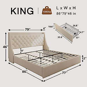 Einhomn Upholstered King Size Bed Frame with 4 Storage Drawers, Platform Bed Frame with Wingback Headboard, Charging Station, No Box Spring Needed, Beige