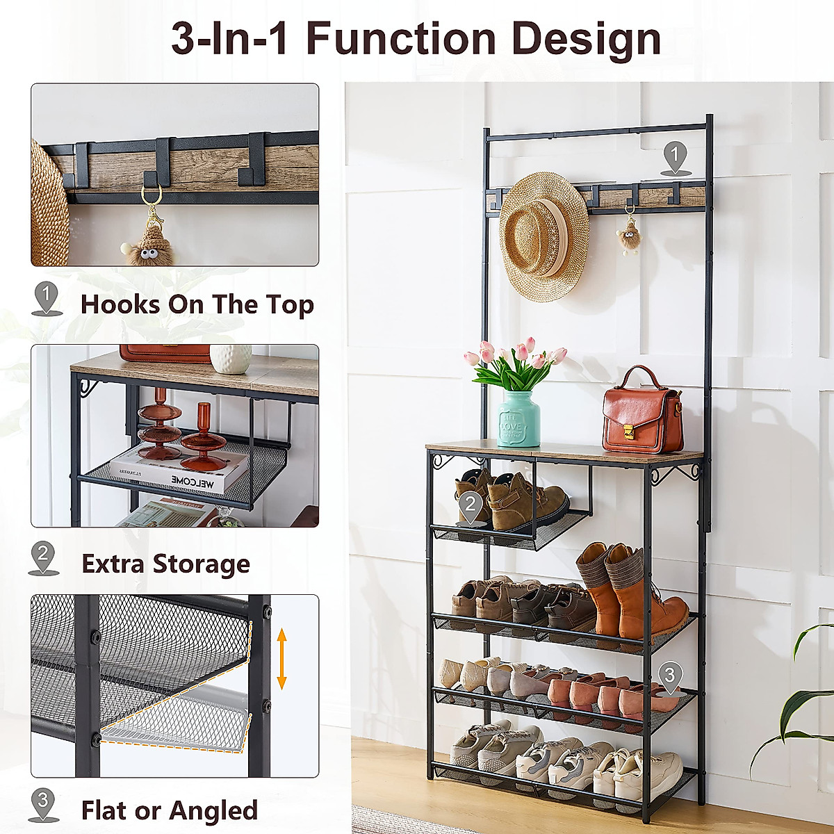 Hoctieon 5-Tier Hall Tree with Shoe Rack, Hall Trees for Entryway with Storage, Hall Tree with Bench and Shoe Storage, Mesh Slant, Greige