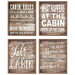 VNWEK Cabin Rules Life Is Better At The Cabin Wood Grain Wall Art Poster Prints Unframed 8”x10”Set Of 4,Cabin Themed Decorations for Home Cabin Front Porch Lake House Porch,Cabin Lovers Gifts