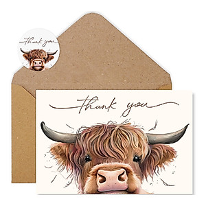 Whaline 36Pcs Highland Cow Thank You Cards with Envelopes and Stickers Barnyard Greeting Cards Blank Note Cards for Weddings Bridal Shower Baby Shower