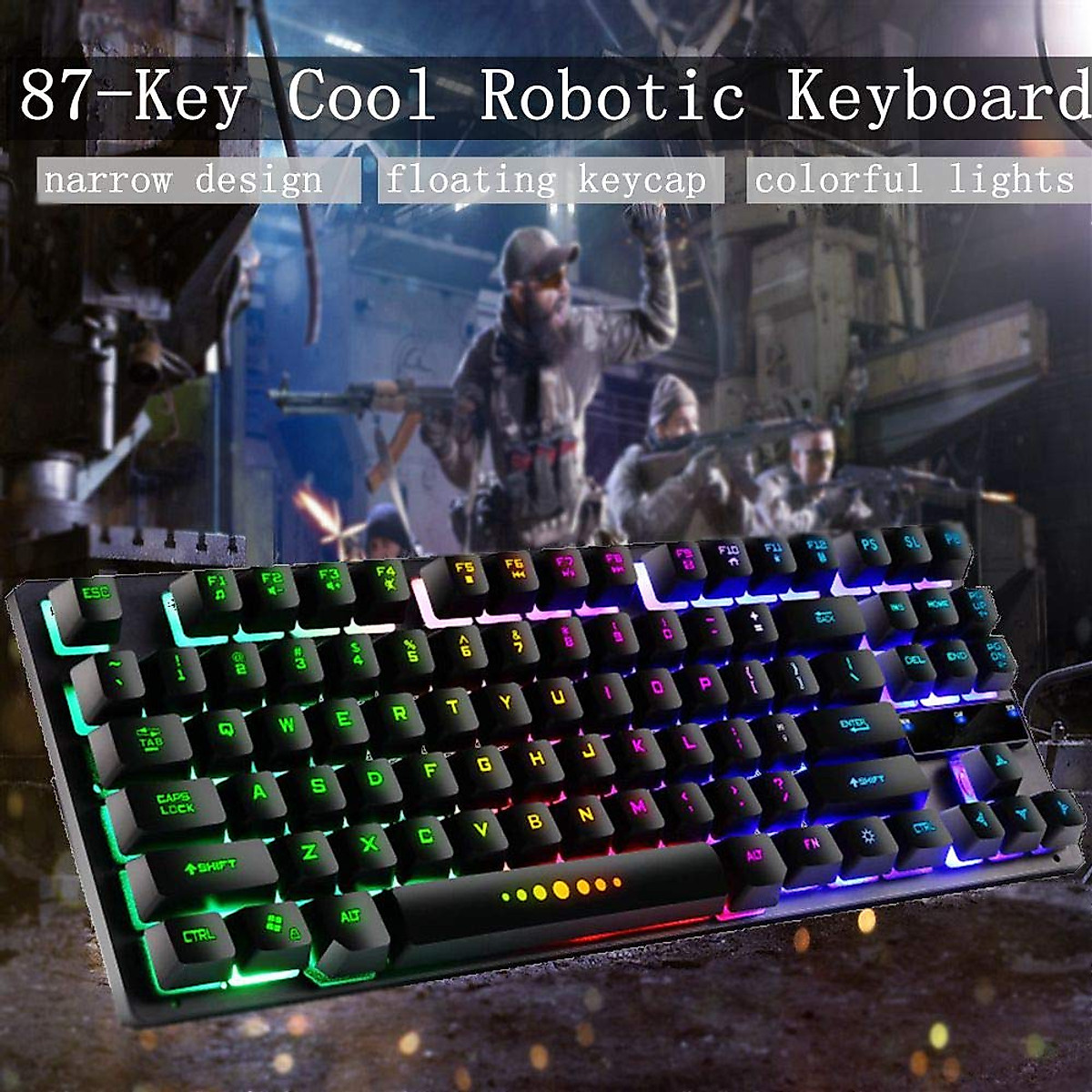 Limouyin 87Key Wired Gaming Keyboard with Crater Architecture, Portable Durable Keyboard Gaming Mechanical Ergonomic Computer Supplies GK10 LED Backlight for Desktop Laptop Universal Type, Black