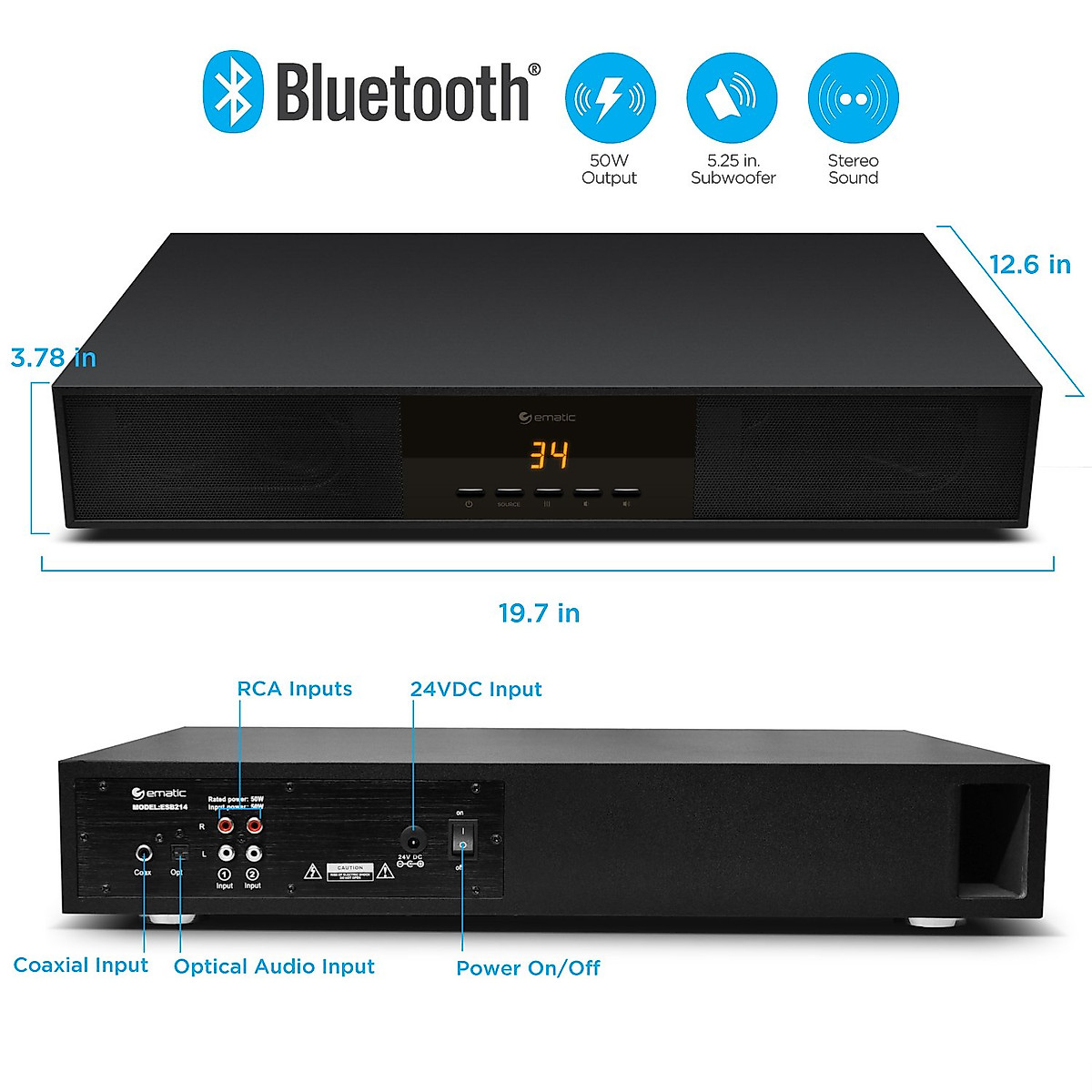 Ematic ESB214 Speaker Base with Built-in Subwoofer and Bluetooth (Black)