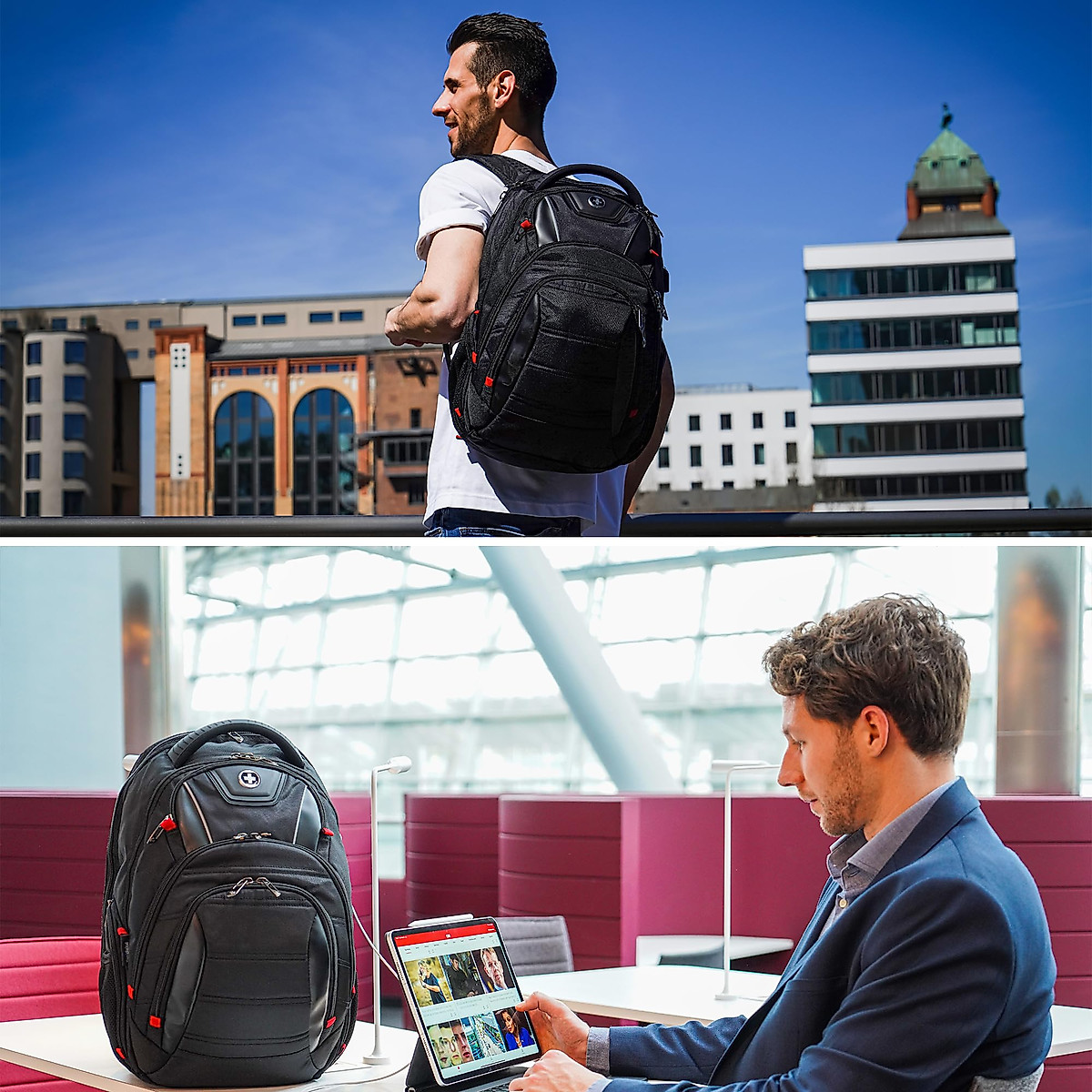 SwissDigital Circuit Men's Laptop Backpack for College and Business Travel with Integrated USB Charging Port and RFID Protection Fits Laptops up to 15.6 in, Black (J14-BR)