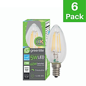 Greenlite LED B11 5W Torpedo Filament Chandelier Light Bulb, 60W Equivalent, 500 Lumens, 2700K Soft White, Dimmable, 120V, E12 Candelabra Base, Energy Star, Clear (6 Pack)
