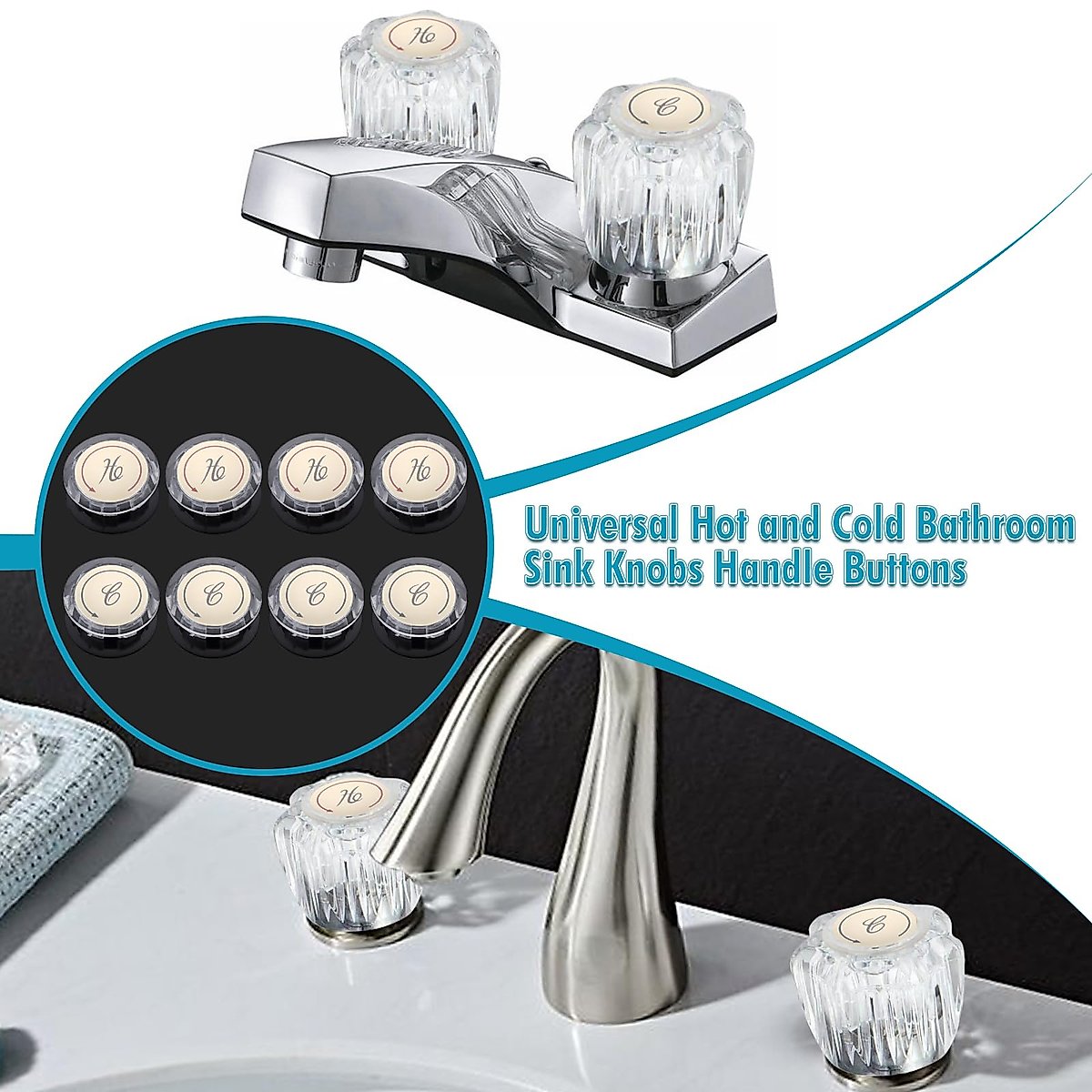 Replacement Hot and Cold Crystal Acrylic Faucet Knobs for Prime-Line MP54300 Universal Index Buttons, 1-5/16 in. Diameter, Clear Acrylic with Gold (4 Pack)