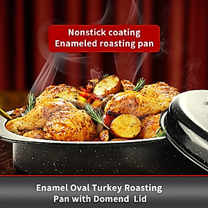 JY COOKMENT Granite Roaster Pan, Small 13” Enameled Roasting Pan with Domed Lid. Oval Turkey Roaster Pot, Broiler Pan Great for Small Chicken, Lamb. Dishwasher Safe Cookware Fit for 7Lb Bird