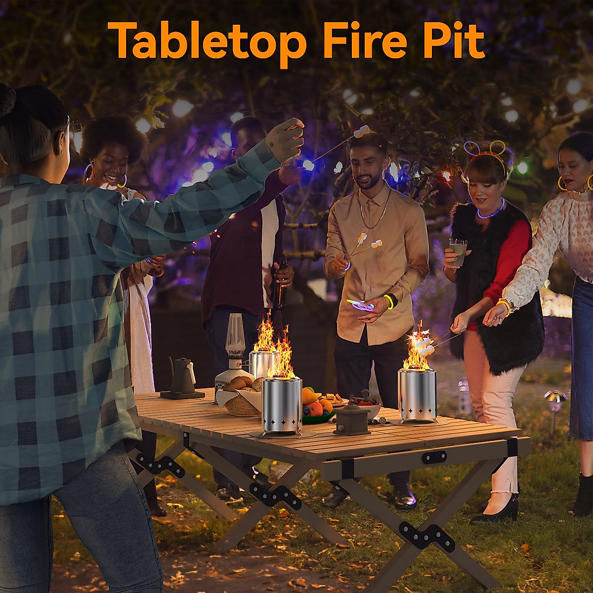 Tabletop Fire Pit, QVCQ Low Smoke Burning Mini Firepit for Outdoor, Camping, Wood Pellets Smores Fire Stove, Stainless Steel with Stands & Removable Ash Pan