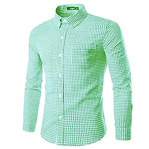 Men Plaid Cotton Casual Slim Fit Long Sleeve Button Down Dress Shirts Light Green