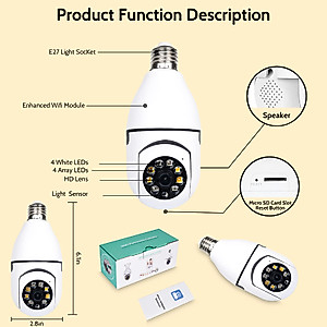ORLMA Light Bulb Security Camera/360 Degree E27 Bulb Security Camera Outdoor Home Surveillance Cameras System with Human Motion Detection and Alarm/Two-Way Audio (White-4pc) 1080p