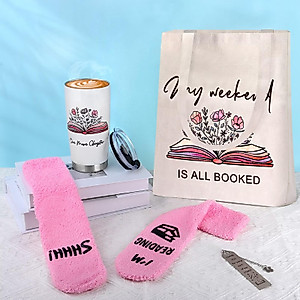 Gifts For Book Lovers - Book Accessories For Reading Lovers Include Canvas Tote Bag, 20oz Book Tumbler, Pink Sock, Bookmarks - Book Club Gifts For Readers Librarian Bookworms Friends Family
