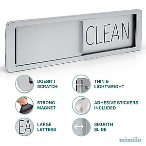 MIMILU Dishwasher Magnet Clean Dirty Sign by Stackd - Easy to Read & Slide Non-Scratching Strong Magnet Indicator w. Optional Adhesive Stickers. Simple Yet Stylish, Large Slim Letters (Silver Black)
