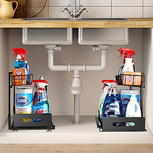 Coyeth Under Sink Organizer, Height Adjustable Metal 2-Tier Pull Out Cabinet Organizer Under Kitchen Sink Organizer, L Shaped Slide Out Sink Shelf, Under Cabinet Storage for Kitchen Bathroom