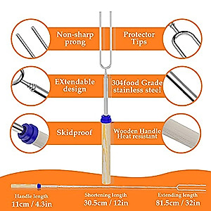Totoose Extendable Marshmallow Roasting Sticks - Set of 8 Telescoping Smores Skewers & Hot Dog Forks with Wooden Handle for Fire Pit Campfire - 32 inch Stainless Steel BBQ Kit for Outdoor Camping