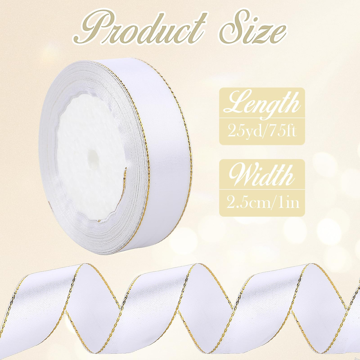 White Satin Ribbon Double Faced Fabric Ribbon with Gold Edges 1 Inch×25 Yards Gold Border Ribbon for Gift Wrapping Crafts Flower Bouquet Hair Bows Making Wedding Party Decoration
