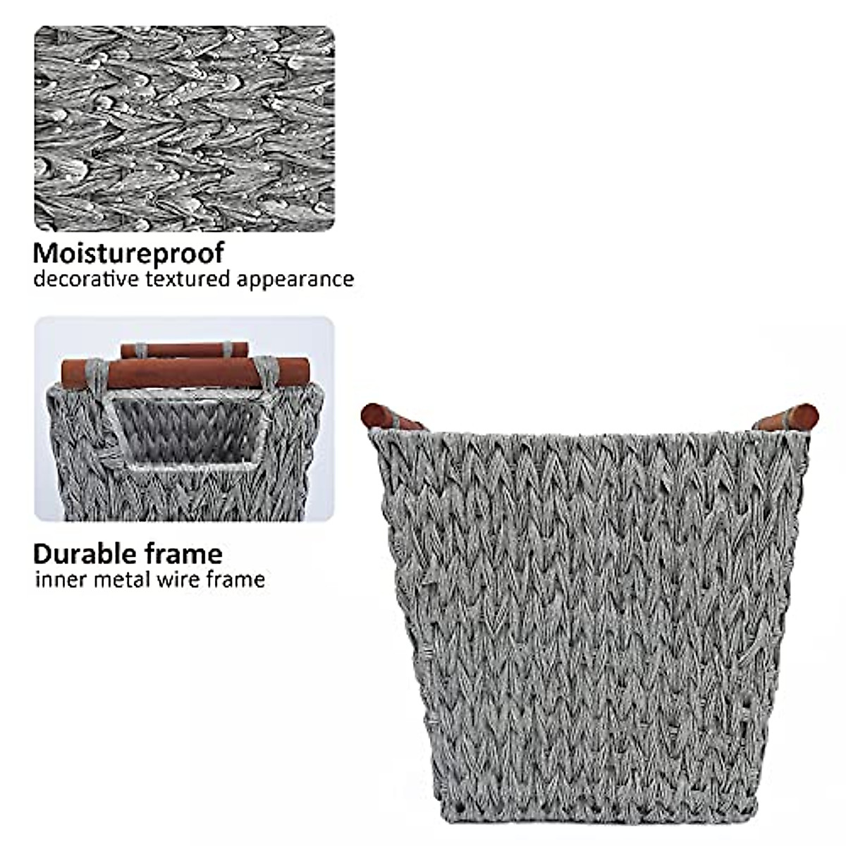 GRANNY SAYS Woven Waste Basket, 5 Gallons/19 Liters, Gray Wicker Basket with Wood Handles, Wicker Waste Basket for Bathroom Living Room, 1-Pack, 13" x 7 ½" x 12 ½"