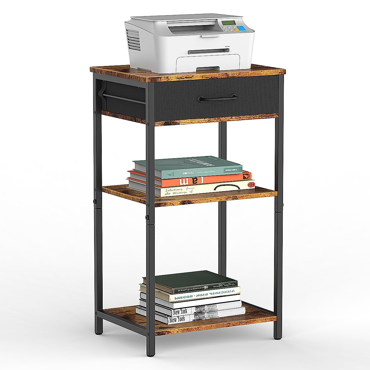 Industrial Printer Stand Rack 3 Tier Printer Table with Storage Printer Shelf with File Drawer Sofa Side Tables Nightstand for Bedroom Machine Stand Holder for Office and Home, Brown