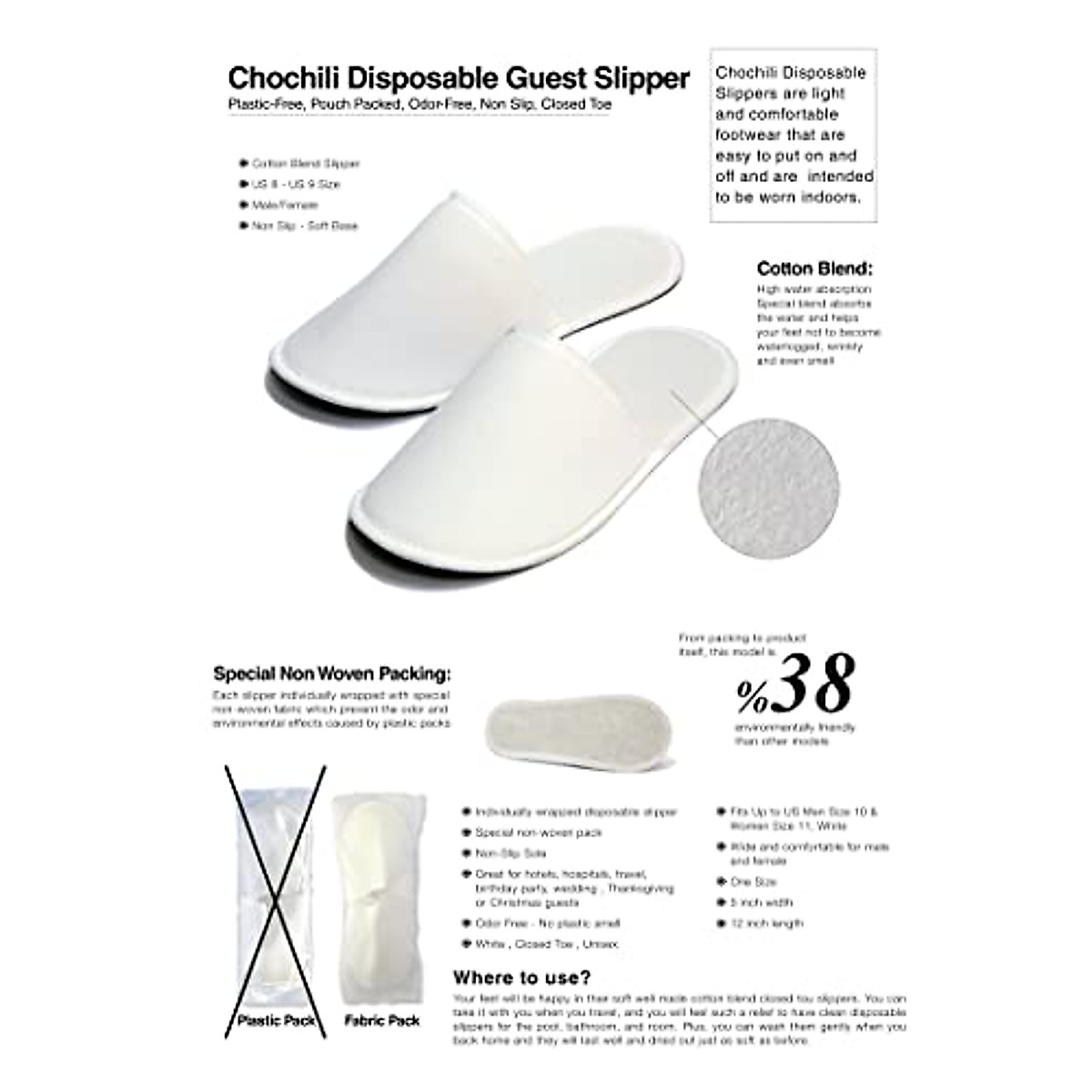 CHOCHILI 5 Pairs Fabric Packed Disposable Hotel Slippers for Airbnb Spa Salon Party Wedding Guests - Fits up to Adult US Men Size 10 & Women Size 11, White