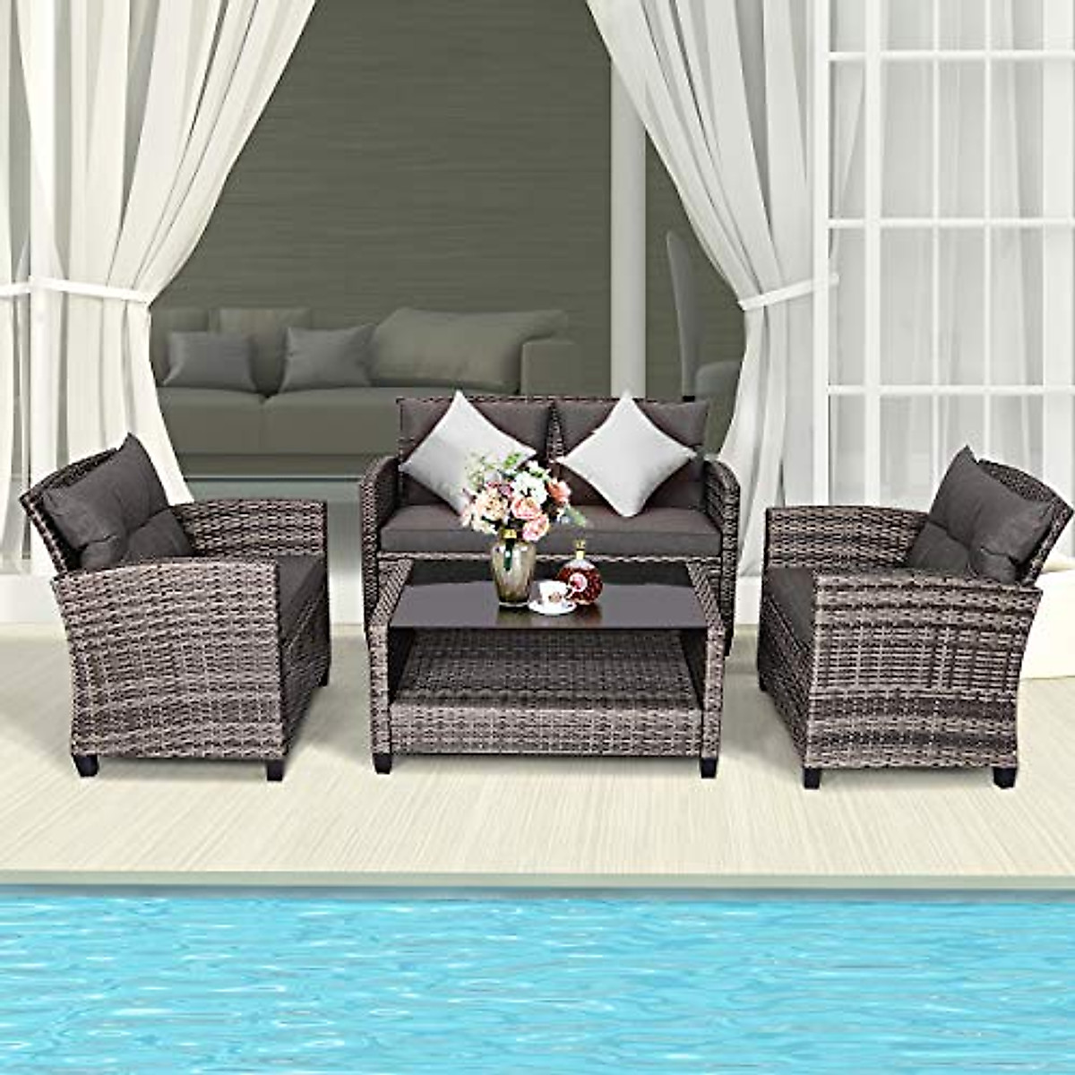 Tangkula 4 PCS Patio Wicker Conversation Furniture Set, Outdoor Rattan Sofa Set with Padded Cushion & Tempered Glass Coffee Table, Wicker Sectional Sofas & Table for Courtyard Balcony Garden (1, Grey)