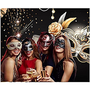 Masquerade Party Backdrops Retro Gold Black Mask Carnival Birthday Photography Backdrop Fiesta Mardi Gras Dance Photo Background Champagne Glass Photo Booths Props Decorations 8x6ft Vinyl