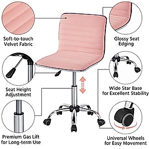 Topeakmart Armless Office Desk Chair Velvet Swivel Computer Chair Ribbed Task Chair Modern Makeup Chair Apricot Pink