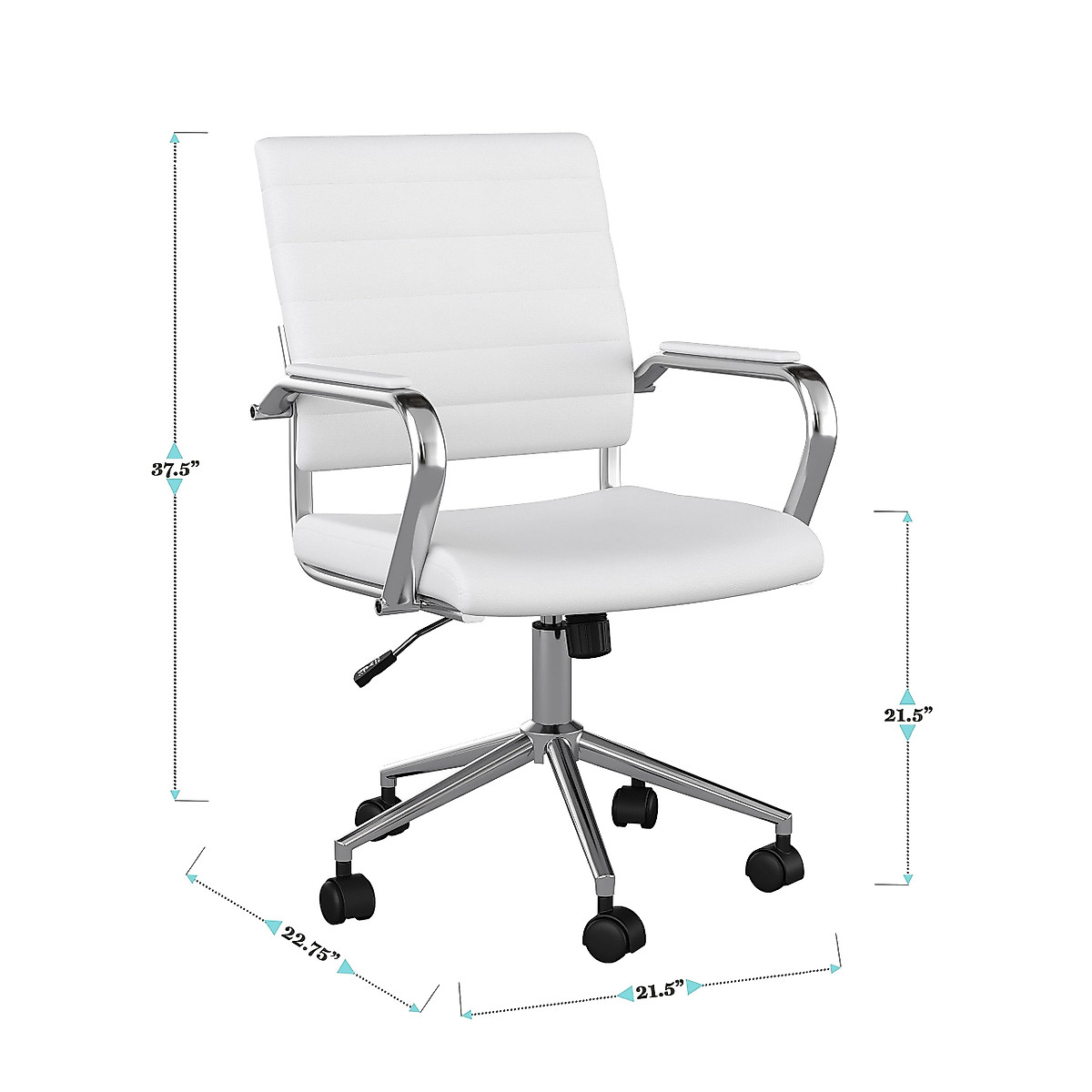 Martha Stewart Piper Swivel Task Chair with Armrests for Home Office in White Faux Leather with Polished Nickel Frame
