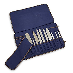 One Selva Chef Knife Bag, Case, Organizer - 17 Slots - Canvas + Blue & Brown Faux Leather - Handles + Carrying Strap - Extra Personal Pocket- Chef Utensil Holder - Travel Roll Bag - Kitchen Organizer