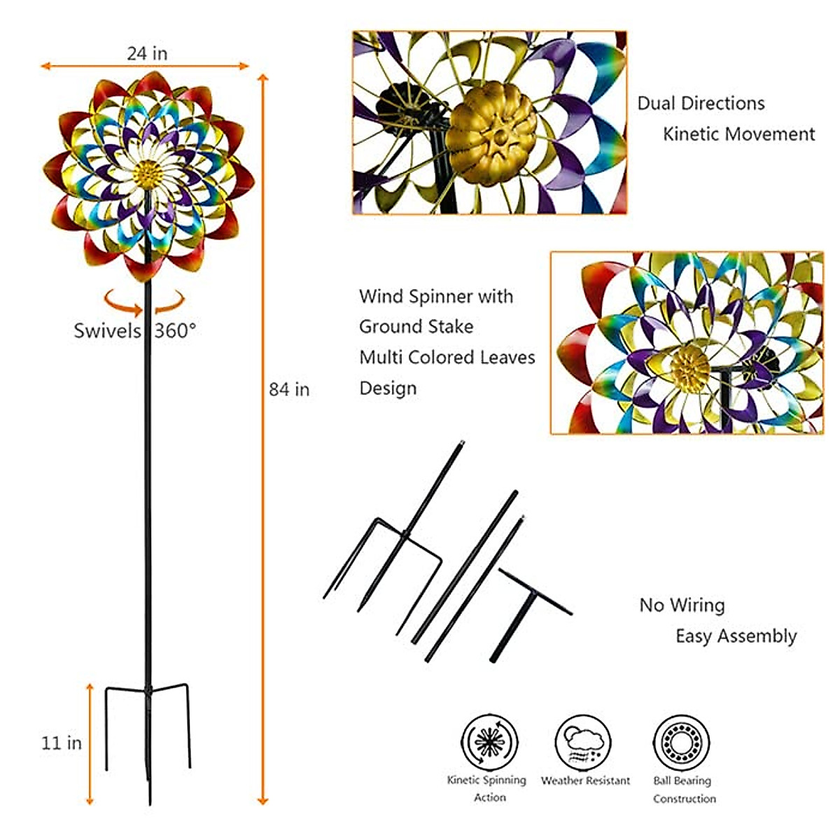 hourflik Rainbow Series Outdoor Garden Yard Art Decor Flower Windmill Pinwheel Wind Spinner with Ground Stake and Hanging Hook, Multi
