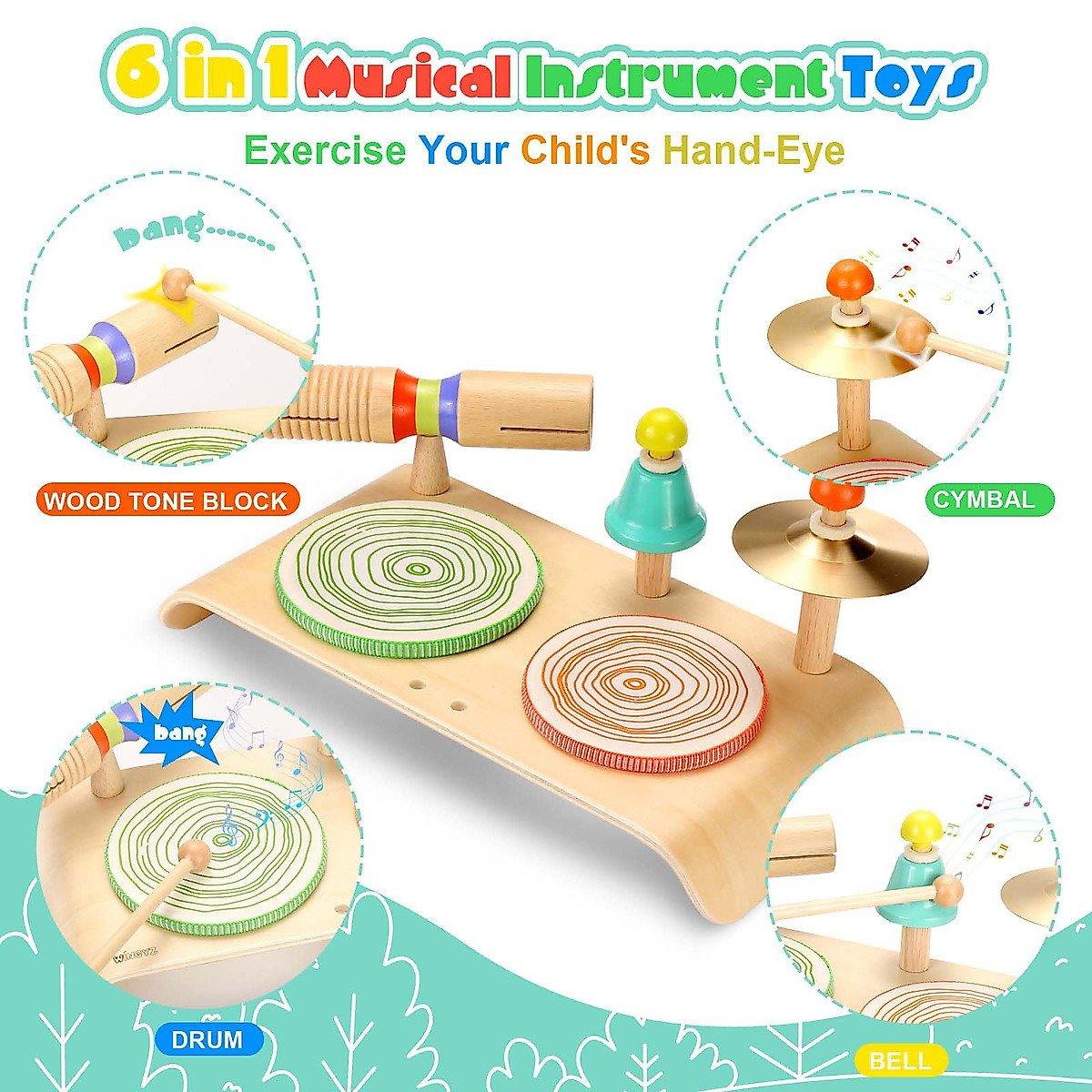 OATHX Kids Piano Keyboard, 8-in-1 Wooden Xylophone Drum Set, Musical Instrument Toys for Toddlers, Boys & Girls, Percussion and Piano Birthday Gifts for Children Ages 3+