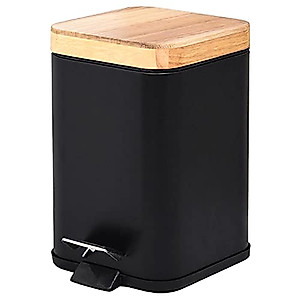 Mini Bathroom Trash Can with Bamboo Lid Soft Close, 0.8 Gal / 3 L Square Step Garbage Container Bin with Removable Inner Wastebasket for Bedroom, Kitchen, Office (Black)