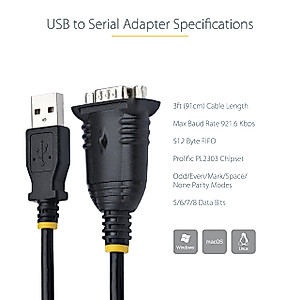 StarTech.com 3ft (1m) USB to Serial Cable, DB9 Male RS232 to USB Converter, Prolific IC, USB to Serial Adapter for PLC/Printer/Scanner/Switch, USB to COM Port Adapter, Windows/Mac (1P3FP-USB-SERIAL)