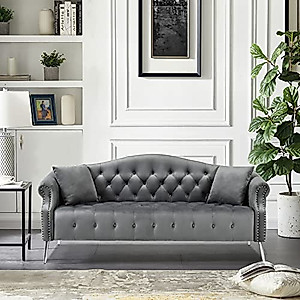 LIADTOP, 78.7" Classic Chesterfield Velvet Sofa Contemporary Upholstered Couch with Button Tufted and Rolled Arms, 2 Pillows Included, 3 Seater,Grey