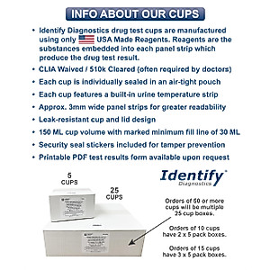 Identify Diagnostics 6 Panel Drug Test Cup - 5 Pack - CLIA Waived Instant Urine Drug Test Kit for AMP,BZO,COC,MOP/OPI,OXY,THC
