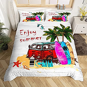 Castle Fairy Summer Beach Duvet Cover Set Full Size,Red Camper Colorful Surfboard Comforter Cover with 2 Pillowcases,Ocean Starfish Palm Trees Breathable Bedspread for Boys Teens,Pillow Sham