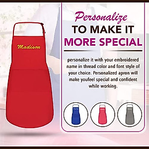 Personalized Apron with Hat for Men and Women - Custom Apron with Embroidered Name - Unisex Red Apron with Pockets for Kitchen Cooking Baking Restaurant BBQ Painting Crafting