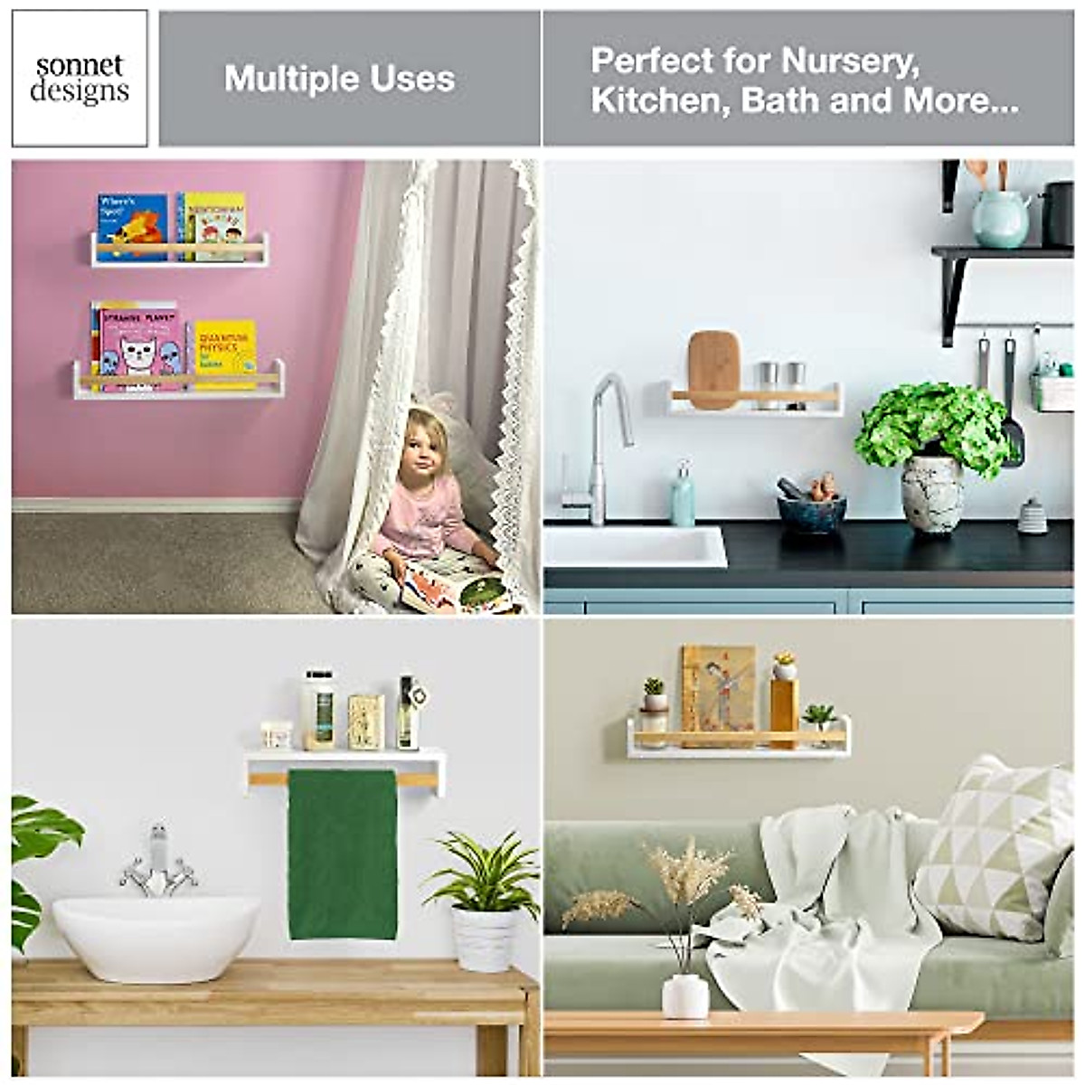 Sonnet Designs Floating Nursery Book Shelves for Wall 3 Pack White Nursery Wall Mount Bookshelf for Kids Room Toddlers Toys Wood Book Shelf Usable in Home, Kitchen, Bathroom, Floating Wall Ledge