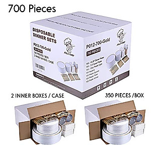 700 Count Gold Dinnerware Set-200 Plastic Plates- 300 Gold Plastic Silverware-100 Gold Plastic Cups-100 Disposable Hand Towel- Disposable Gold Dinnerware Set for Halloween, Christmas, Thanksgiving