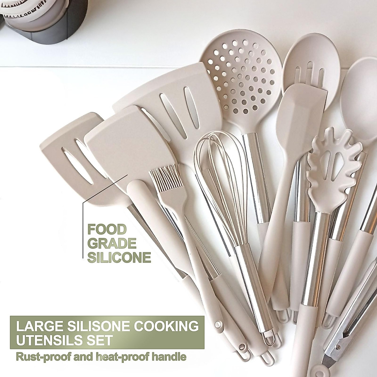 Large Silicone Kitchen Utensils Set, Umite Chef Heat Resistant Cooking Utensil with Stainless Steel Handle, Spatula, Spoon, Khaki Silicone Cooking Utensil for Nonstick Cookware, Dishwasher Safe