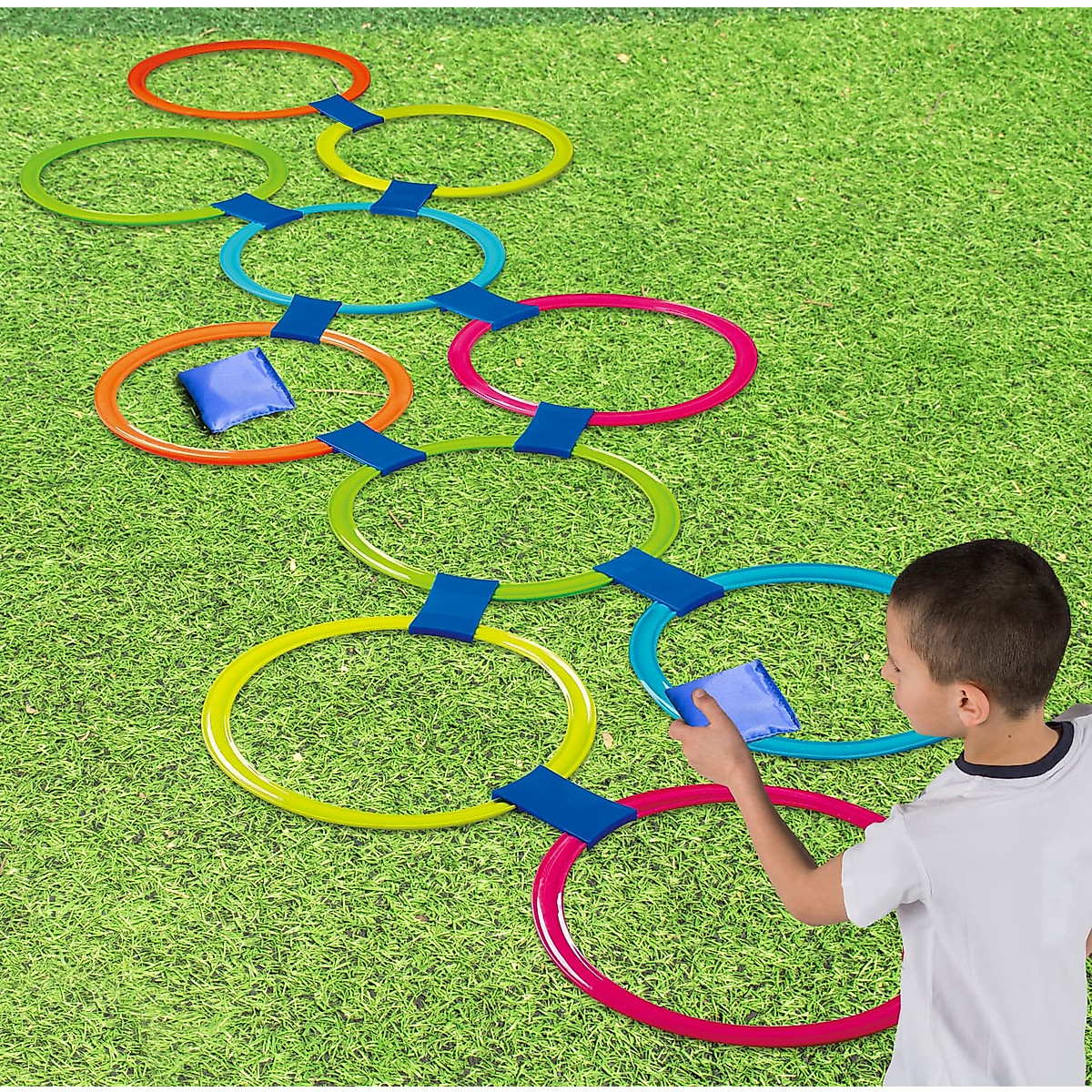 GOODLYSPORTS 2-In-1Hopscotch & Bean Bag Toss,Combine Hopscotch Rings with Bean Bag Toss Game, Bean Bag Toss Game for Kids,Hopscotch Outdoor Game,Agility Rings,Fun Playground Toys for Boys and Girls