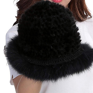 Valpeak Womens Winter Hat Knitted Mink Real Fur Hats with Fox Brim (Black)