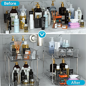 RIGEDNEF 2 Tier Clear Bathroom Organizer with Dividers, Under Sink Organizer and Storage, Slide-Out Medicine Cabinet organizer, Kitchen Pantry Storage, Bathroom Vanity Counter Organizer, 2 Pack
