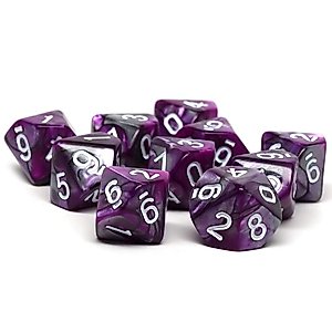 Ten Count Pack of D10 Dice - Matching Collection of 10 Sided Plastic Polyhedral Dice (Purple and Grey Granite)