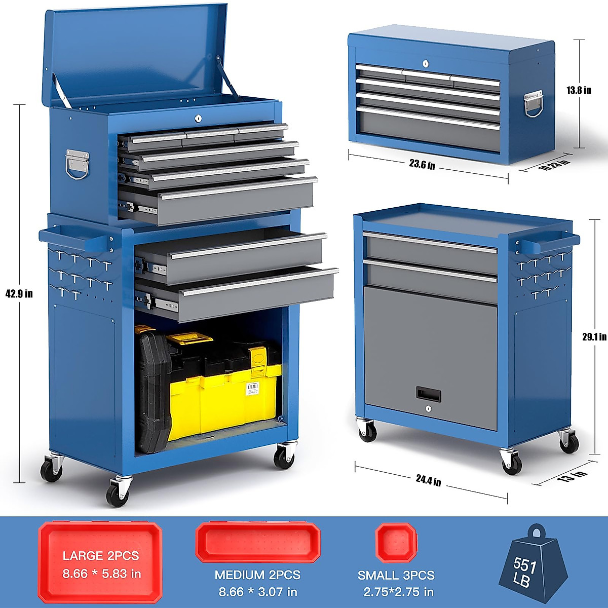 AIRAJ PRO Rolling Tool Chest,8-Drawer Tool Chest with Wheels, Removable Toolbox Organizer,Detachable Large Tool Storage Cabinet with Lock & 10 Hooks & 8 Drawer Organizers,Suit for Garage,Warehous