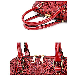 Patent Leather Handbag Crocodile Pattern Top Handle Purse Shell Bag Come with Wallet (Brown)