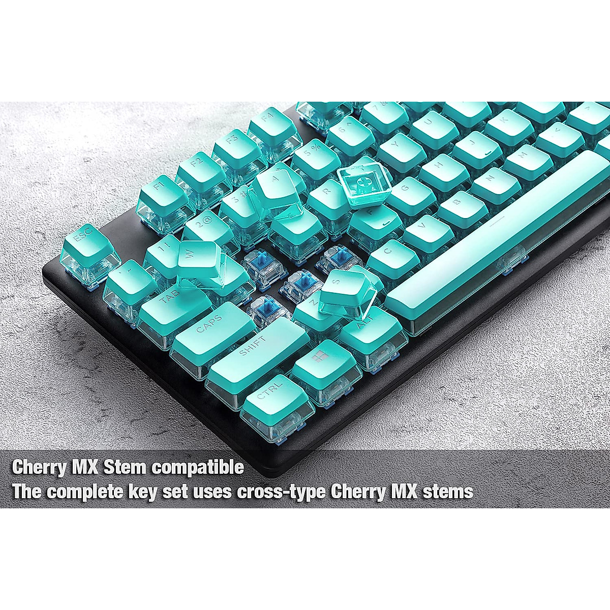 GUNMJO Crystal Pudding Keycap for Gaming Keyboard with Cherry MX Switches, ABS Translucent Keycaps for Backlit Mechanical Keyboard, OEM Profile 104 Keys with 6.25U Space Bar, Painted Teal Color