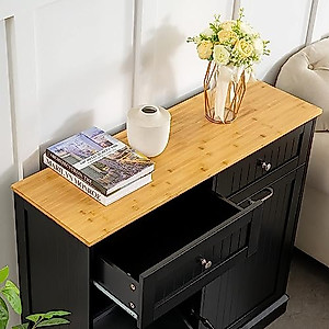 GAZHOME Kitchen Trash Cabinet Double Tilt Out Freestanding with Drawer,Kitchen Wooden Recycling Cabinet,Trash Can Holder with Storage (Black)