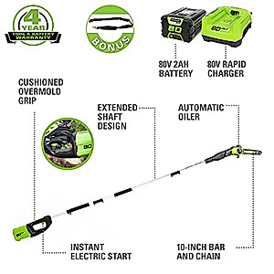 Greenworks Pro 80V 10 inch Brushless Cordless Polesaw, 2Ah Battery and Charger Included PS80L210