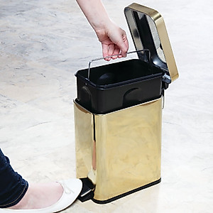 mDesign Small Modern 1.3 Gallon Rectangle Metal Lidded Step Trash Can, Compact Garbage Bin with Removable Liner Bucket and Handle for Bathroom, Kitchen, Craft Room, Office, Garage - Soft Brass