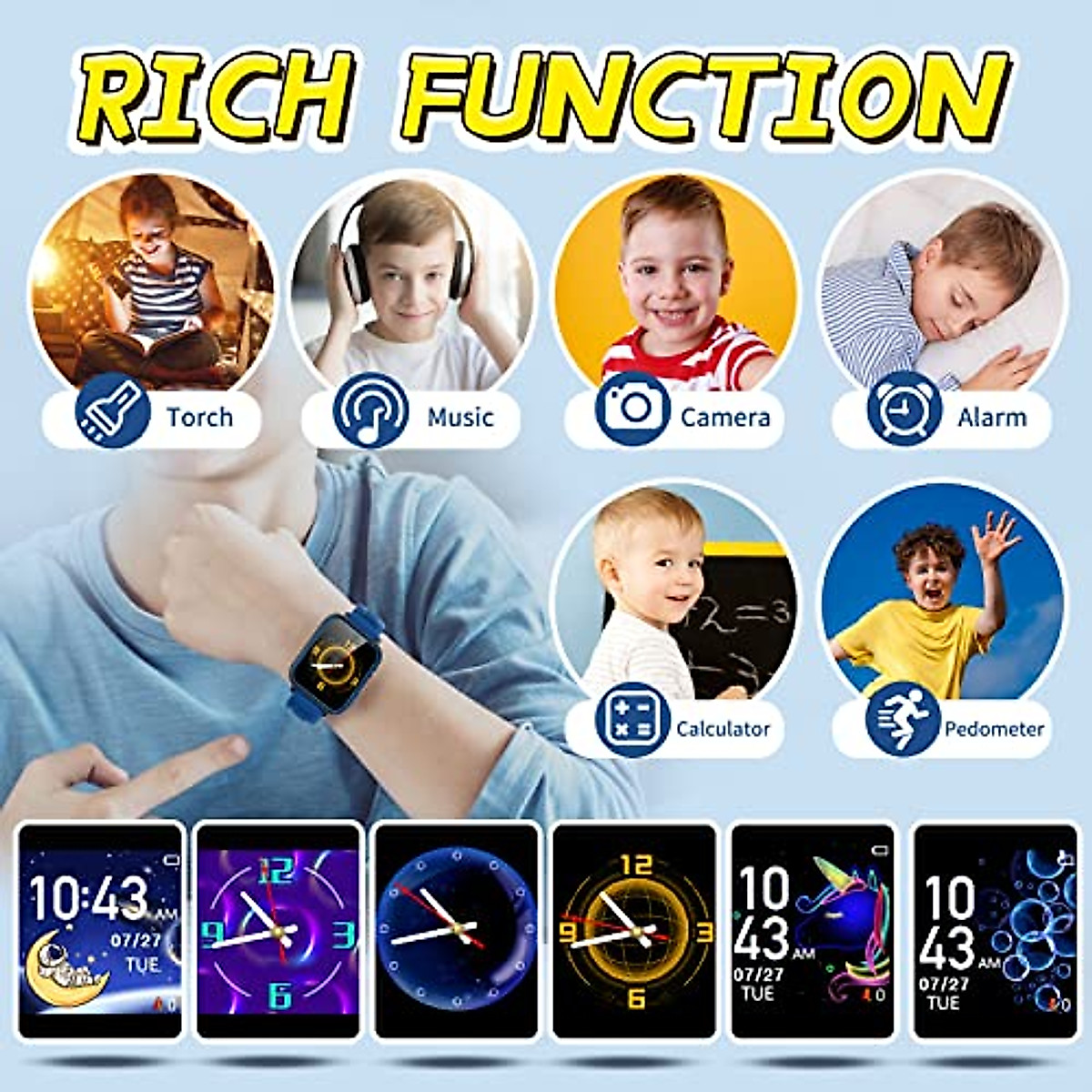 Vakzovy Kids Smart Watch Boys Girls Gifts for 3-12 Year Old, 24 Games HD Touch Screen Camera Video Music Pedometer Flashlight Alarm Clock Smart Watch for Kids Birthday Gifts for 6 7 8 9 Year Olds