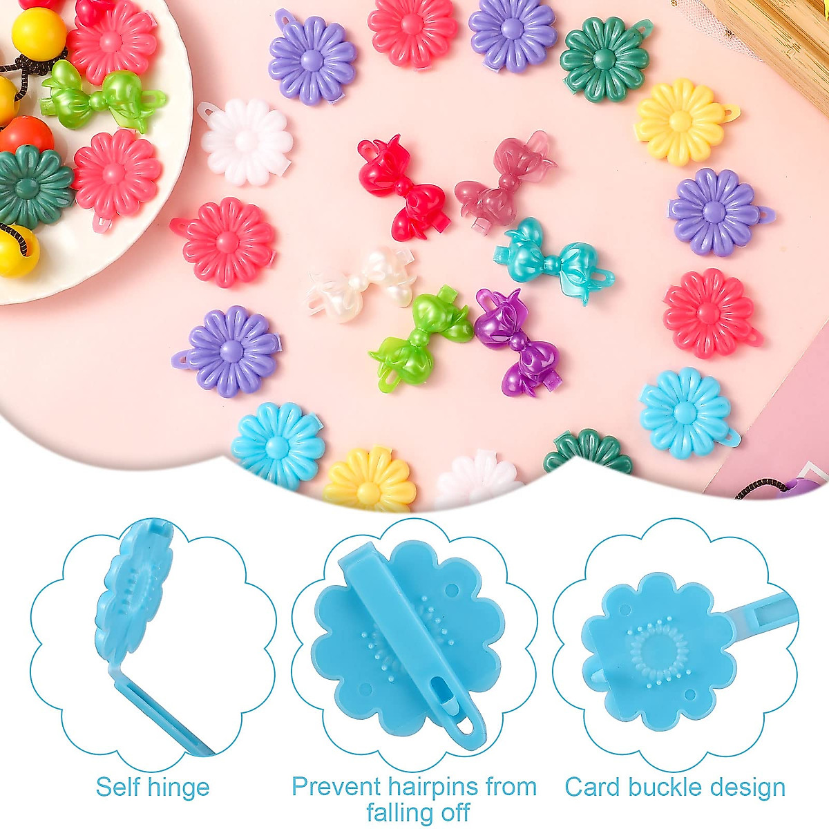 100 Pcs Hair Barrettes with Flower, Bow & Cartoon Designs - Self-Hinge Plastic Pins for Baby Girls, Toddlers (Cool)